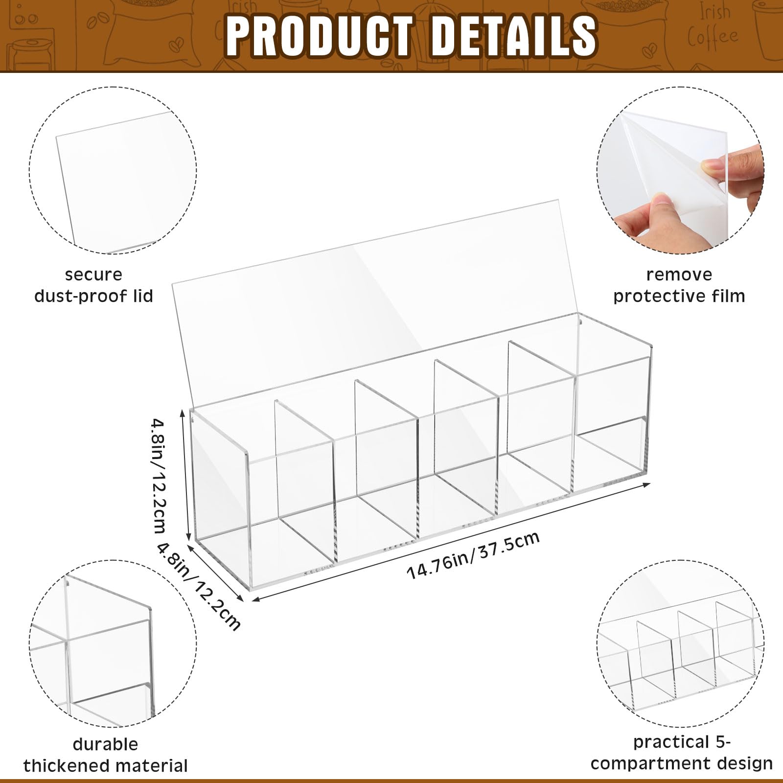 2 Pcs Coffee Pod Holder Box 14.76 x 4.8 x 4.8 Inches 5 Compartment with Lid Clear Acrylic Coffee Capsule Organizer Station for Coffee Bar Accessories Coffee Storage Organizer Box