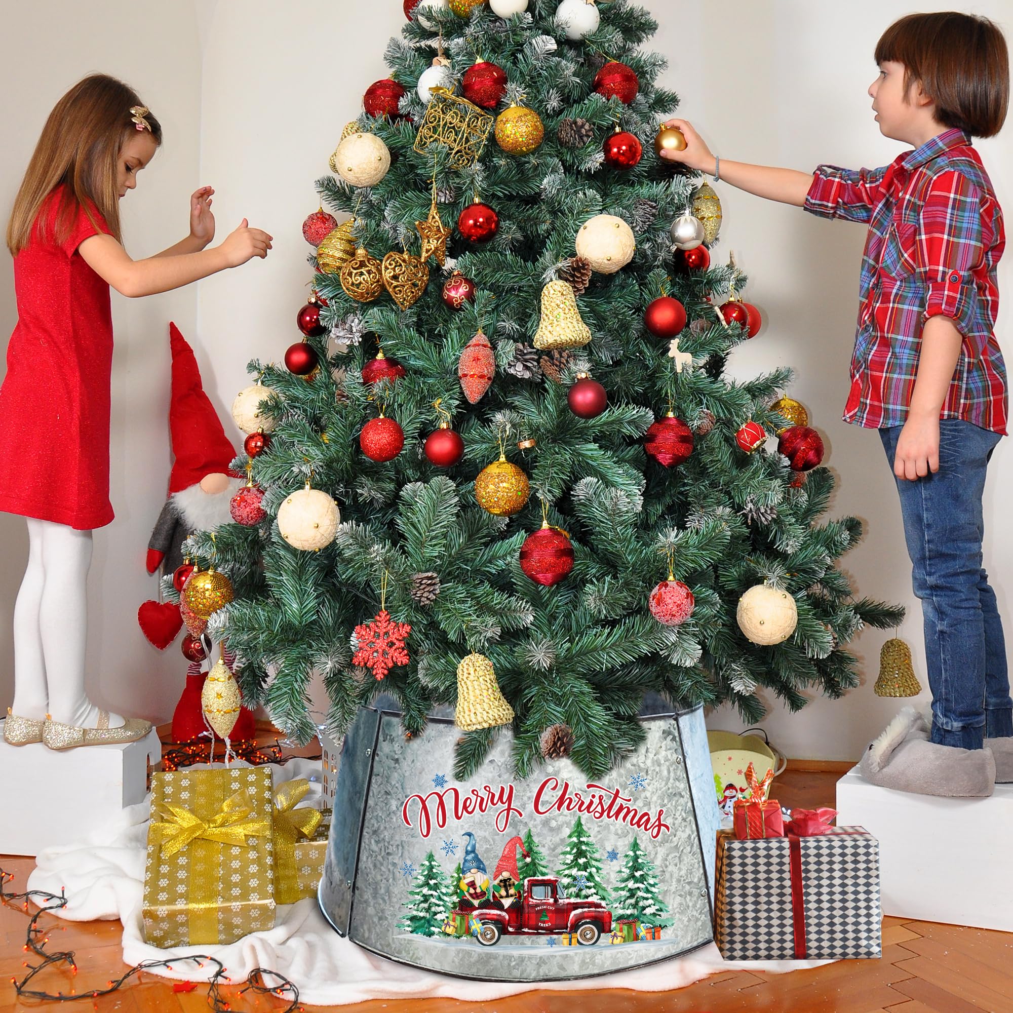 29-Inch Red Metal Christmas Tree Collar - Galvanized Base for Artificial Trees