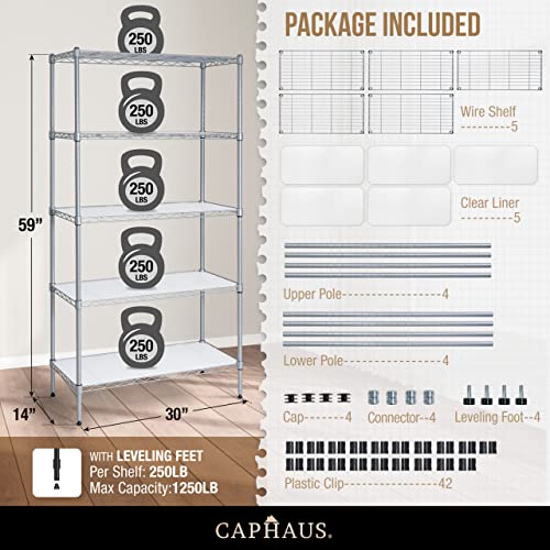 CAPHAUS NSF Silver Grey Adjustable Wire Shelving Unit w/Liner, Metal Steel Storage Shelves, Utility Shelf, Garage Shelving Storage Organizer, Kitchen Storage Shelving, w/Liner, 5-Tier no Wheel