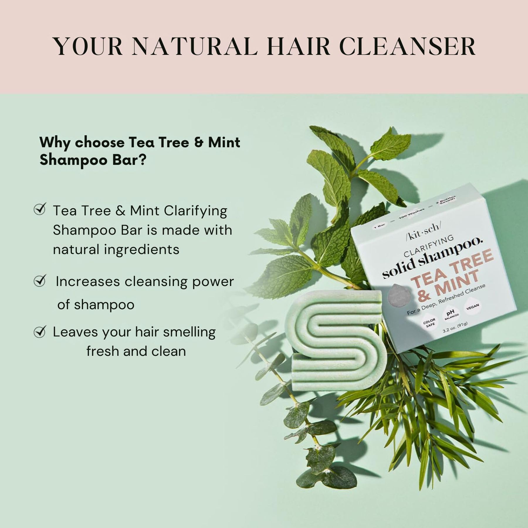 Kitsch Tea Tree & Mint Anti-Dandruff Shampoo Bar - Vegan, Natural, Paraben & Sulfate Free | For Itchy Scalp & All Hair Types | Made in US, 3.2oz