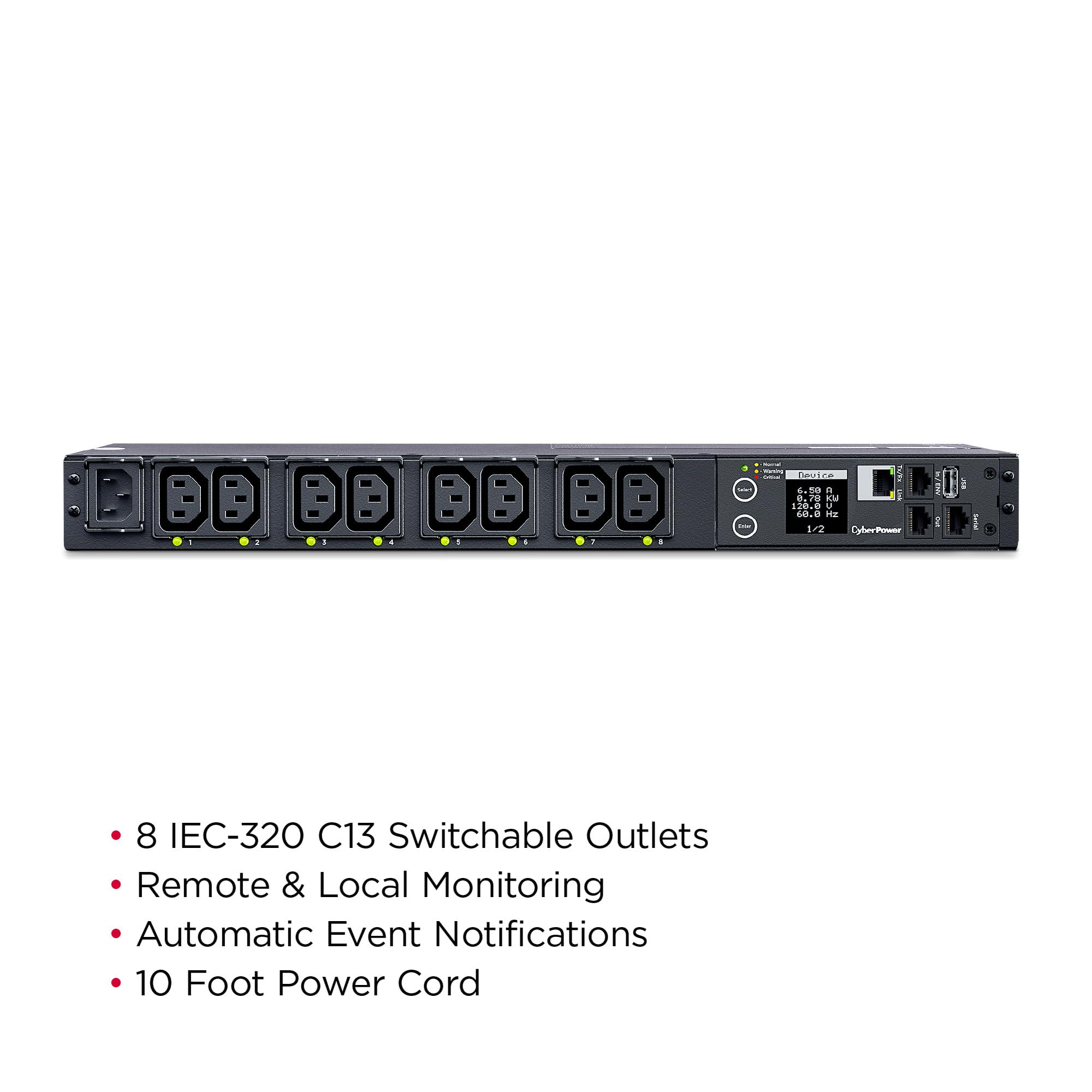 CyberPower PDU41004 Switched PDU, 100-240V/12A, (Derated to 12A UL /10A CE), 8 Outlets (C13), Input (C14) 10 ft. Cord, 1U Rackmount, 3 Year Warranty - Black