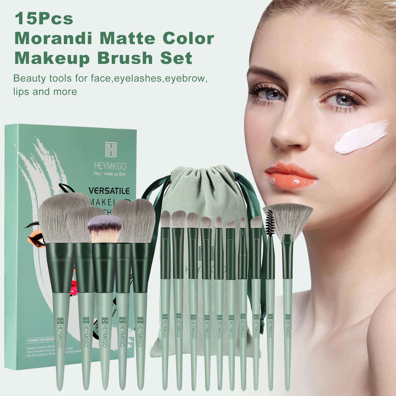 HEYMKGO 15Pcs Makeup Brushes Makeup Brush Set Premium Synthetic Bristles Conical Handle Kabuki Foundation Face Brushes for Liquid Powder Buffing Blending Contouring With Travel Storage Bag