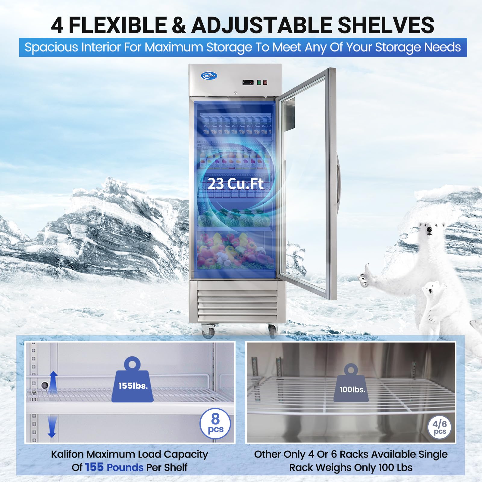 kalifon Commercial Display Refrigerator Merchandiser with 1 Glass Door - 23 Cu.Ft Upright Display Refrigerator with LED Lighting