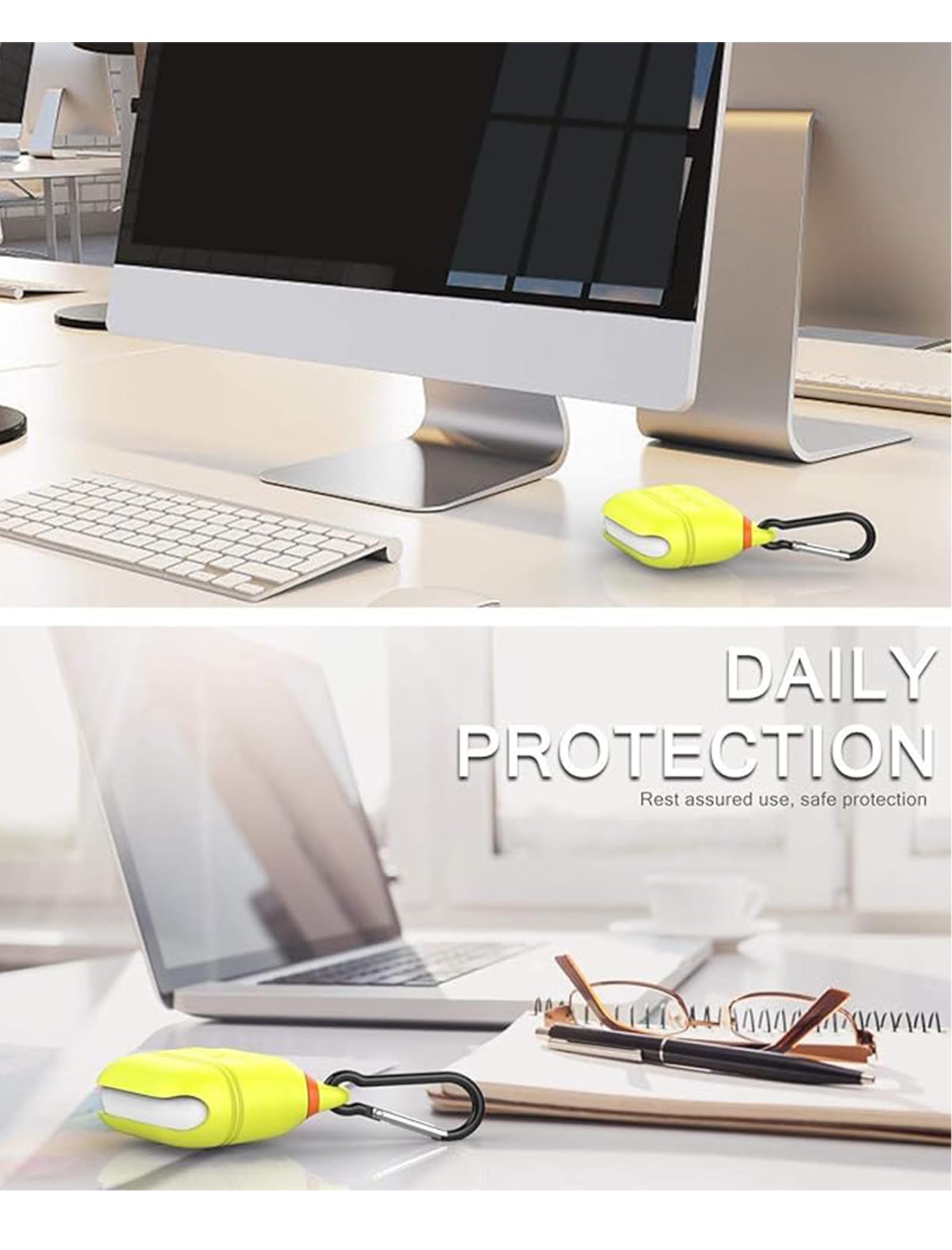 HALLEAST for AirPods 3 Case Waterproof, Front LED Visible & Support Wireless Charging, Protective Silicone Case Cover Compatible with for Apple AirPods 3 with Carabiner, Nightglow Yellow
