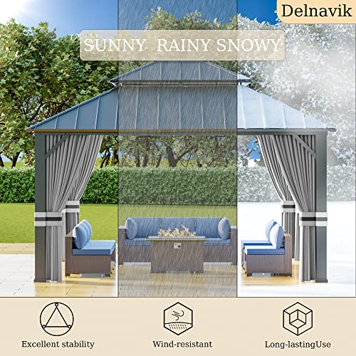 Delnavik 12X14FT Hardtop Gazebo Double Roof, Pergolas Aluminum Frame, Outdoor Metal Gazebos with Netting and Curtains for Patio, Backyard, Deck and Lawns, Grey
