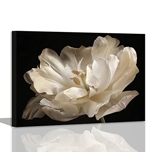 Black Bathroom Decor - White Tulip on Black Background Modern Canvas Wall Art Bathroom Decor Wall Art Black Decor Bathroom Pictures Black and White Wall Art Artwork for Home Walls Framed 12x16inch