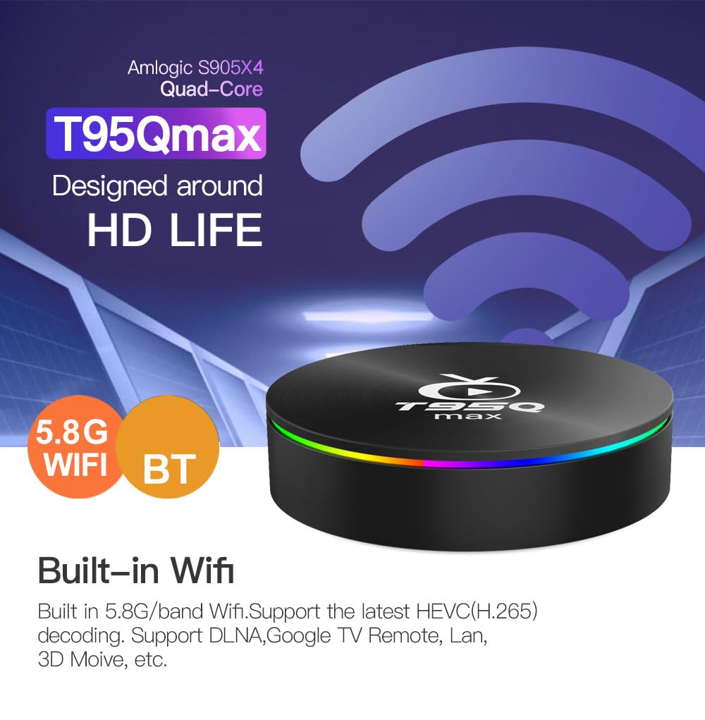 Android 9.0 TV Box T95Q Amlogic S905X3 with DDR3 4GB RAM 32GB ROM 4K Ultra HD H.265 Dual Band WiFi Bluetooth 4.0 Media Box 2.4/5Ghz WiFi 100M LAN