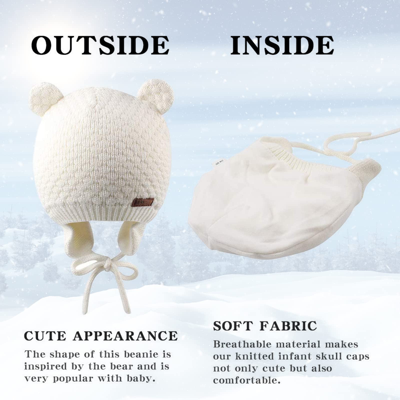 Bamery Baby Crochet Hat Infant Cute Bear Ear Beanie Toddler Boys Girls Earflap Hats for Fall Winter Warm Cap (Bear White, 0-6M)
