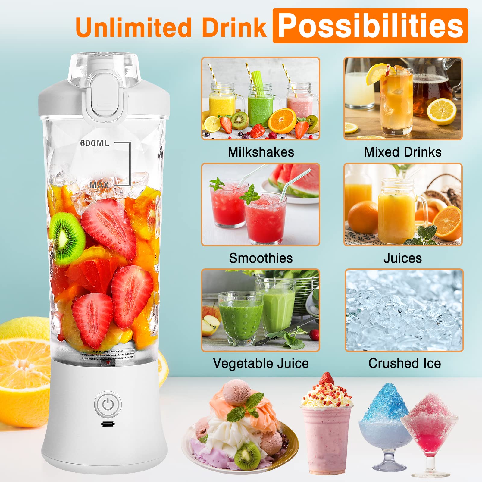 20oz Portable Blender, Personal Size Blender Smoothies and Shakes With 6 Blades, USB Rechargeable Blender Fruit Juicer with 2 Mixing Modes & LED Light, With for Kitchen Outdoor Gym Office (White)