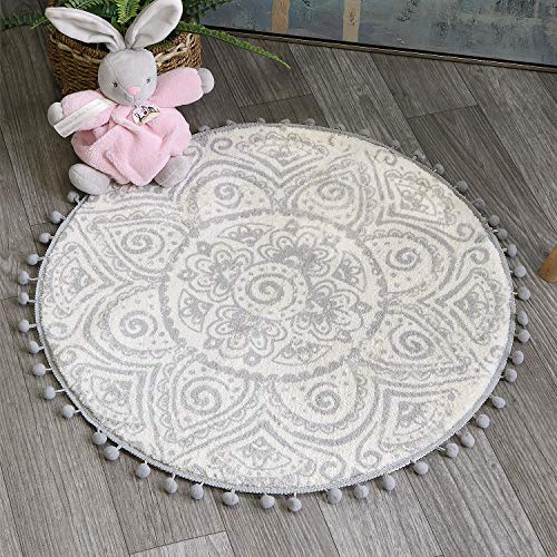 HAOCOO Bohemian Round Rug 2ft, Non-Slip Circle Rug with Pom Poms Fringe Gray Small Rug,Soft Velvet Washable Bathroom Rugs Mandala Floor Mat Carpet for Sink Bedroom Nursery Decor