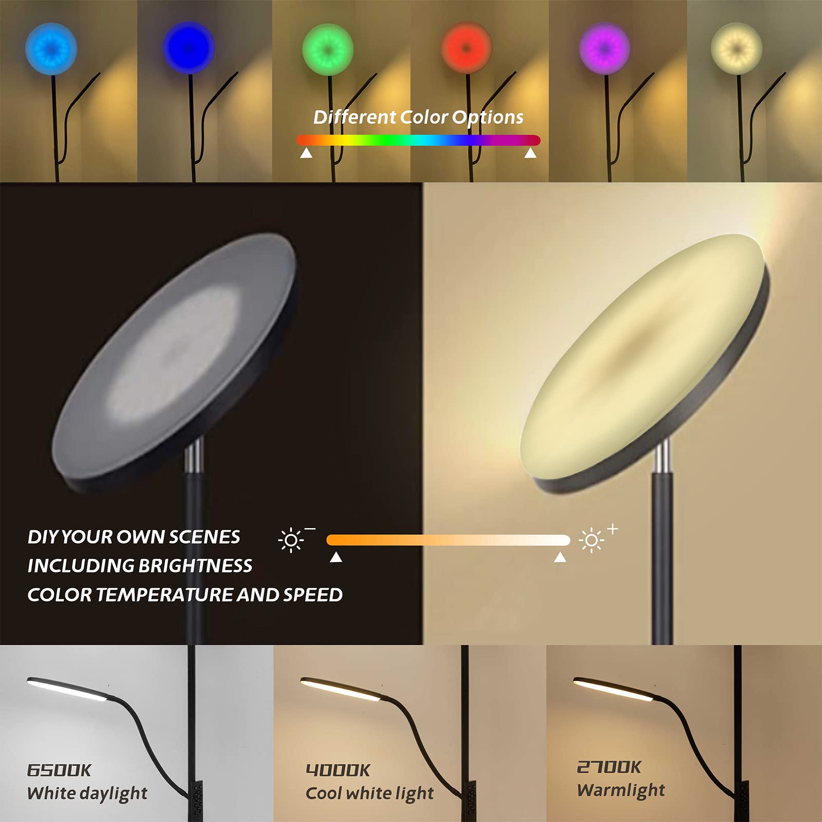 2 in 1 RGB Floor Lamp with Reading Lamp 30W/15W Color Changing Mood Sky LED Modern Super Bright Floor Lamps-Tall Standing Pole Light with Remote & Touch Control for Living Room,Bed Room,Home Office