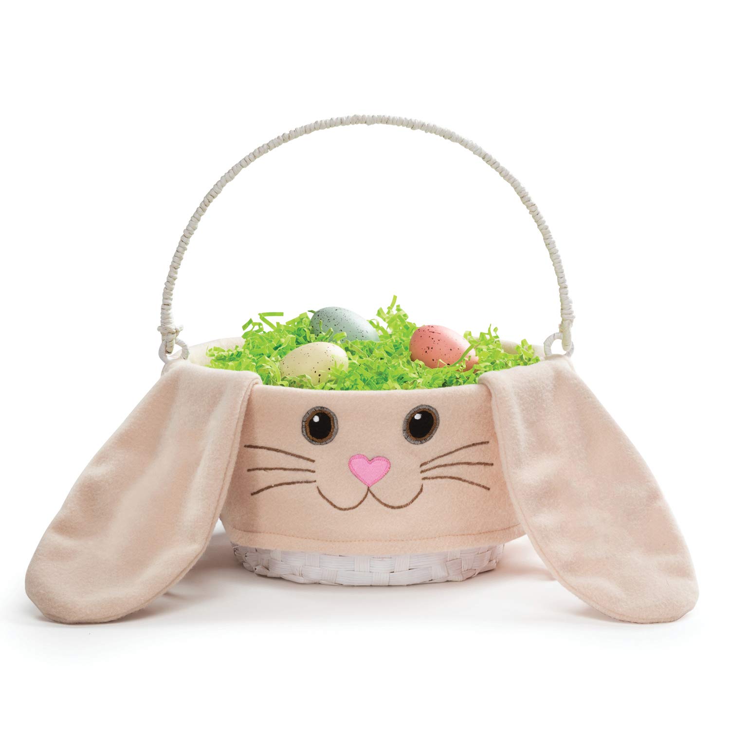 Personalized Easter Egg Basket with Handle and Custom Name in Brown Script | Floppy Ear Bunny Easter Basket Liners | White Basket | Woven Easter Baskets for Kids | Customized Easter Basket