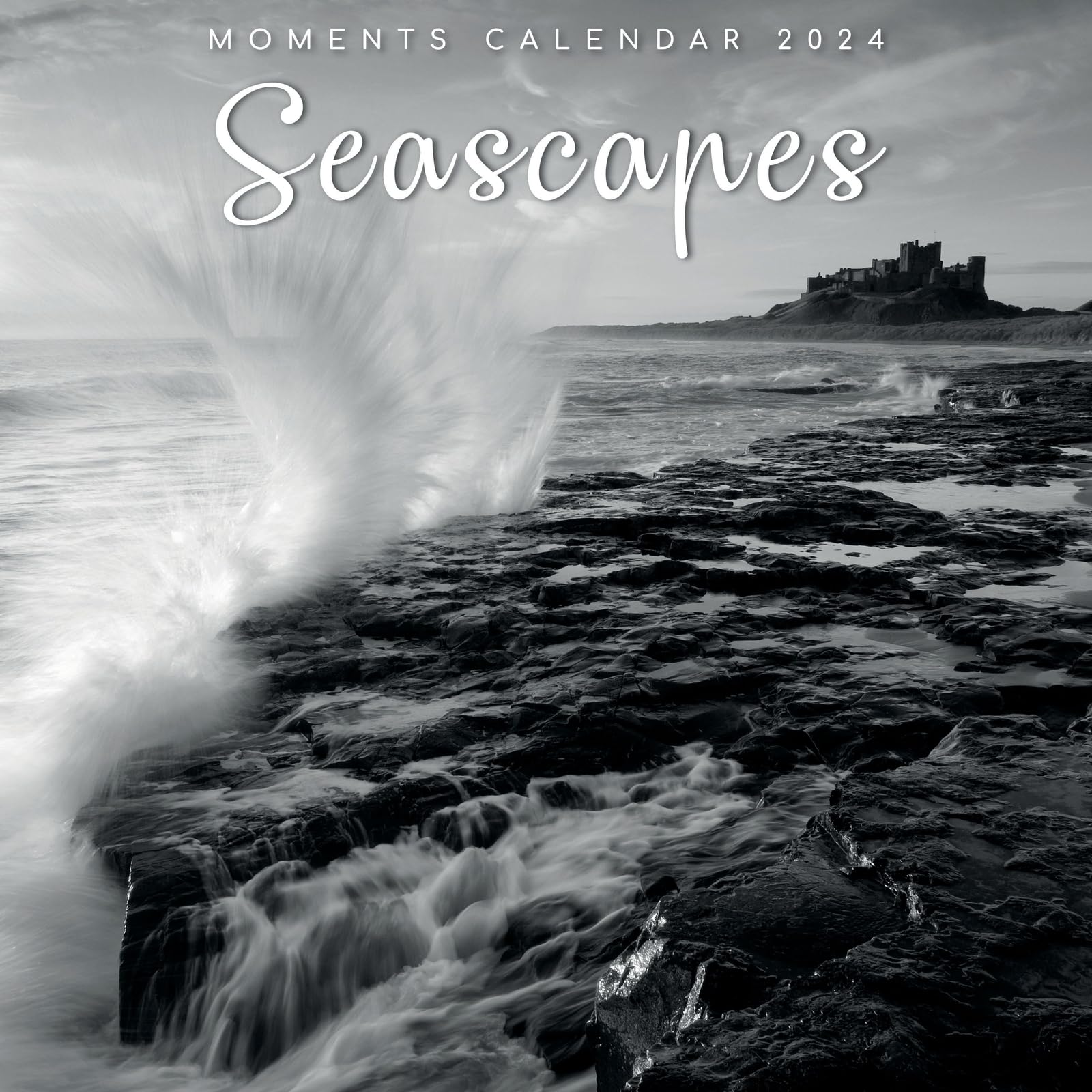 2024 Square Wall Calendar, Seascapes, 16-Month Black and White Photos with 180 Reminder Stickers (12 x 12 In)