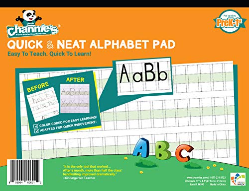 Channieās Quick & Neat Alphabet Writing Pad, Practice Handwriting & Printing Workbook, 80 Pages Front & Back, 40 Sheets, Grades PreK ā 1st, Size 8.5ā x 11ā
