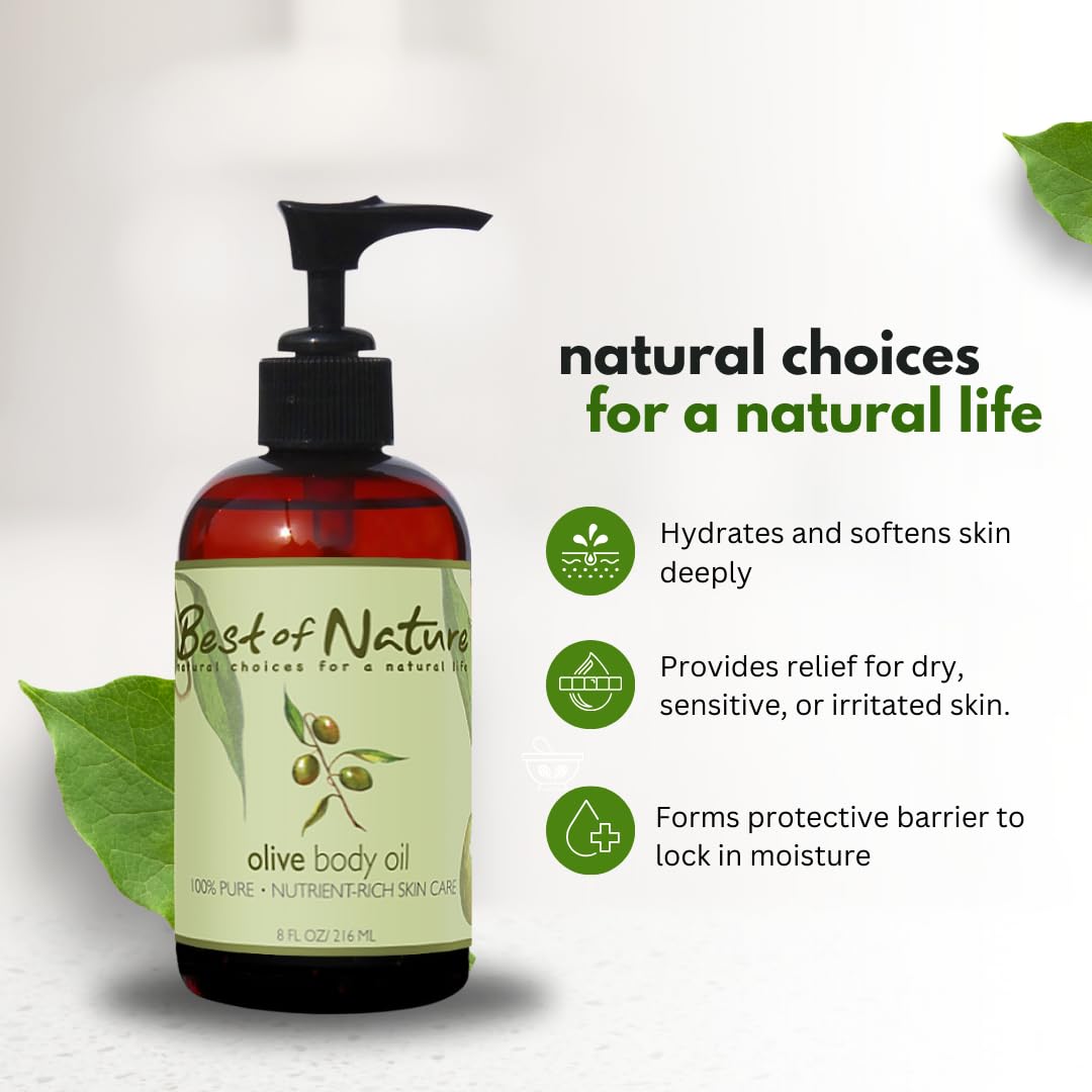 Best of Nature 100% Pure Olive Massage & Body Oil – Cold Pressed, Natural & Unscented Moisturizer for Skin, Hair & Bath, 8 fl oz