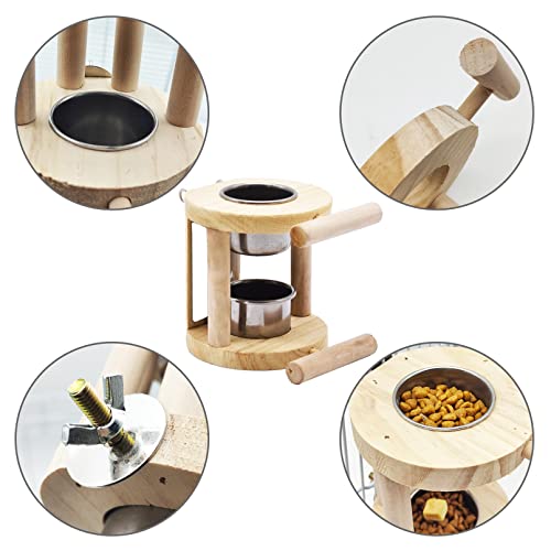 kathson Bird Feeding Cups with Wooden Platform, Bird Bowls Hanging Stainless Steel Parrot Cage Feeder & Water Bowl Parakeet Feeder Bird Perches Stand Cage Accessories for Parakeet Budgies