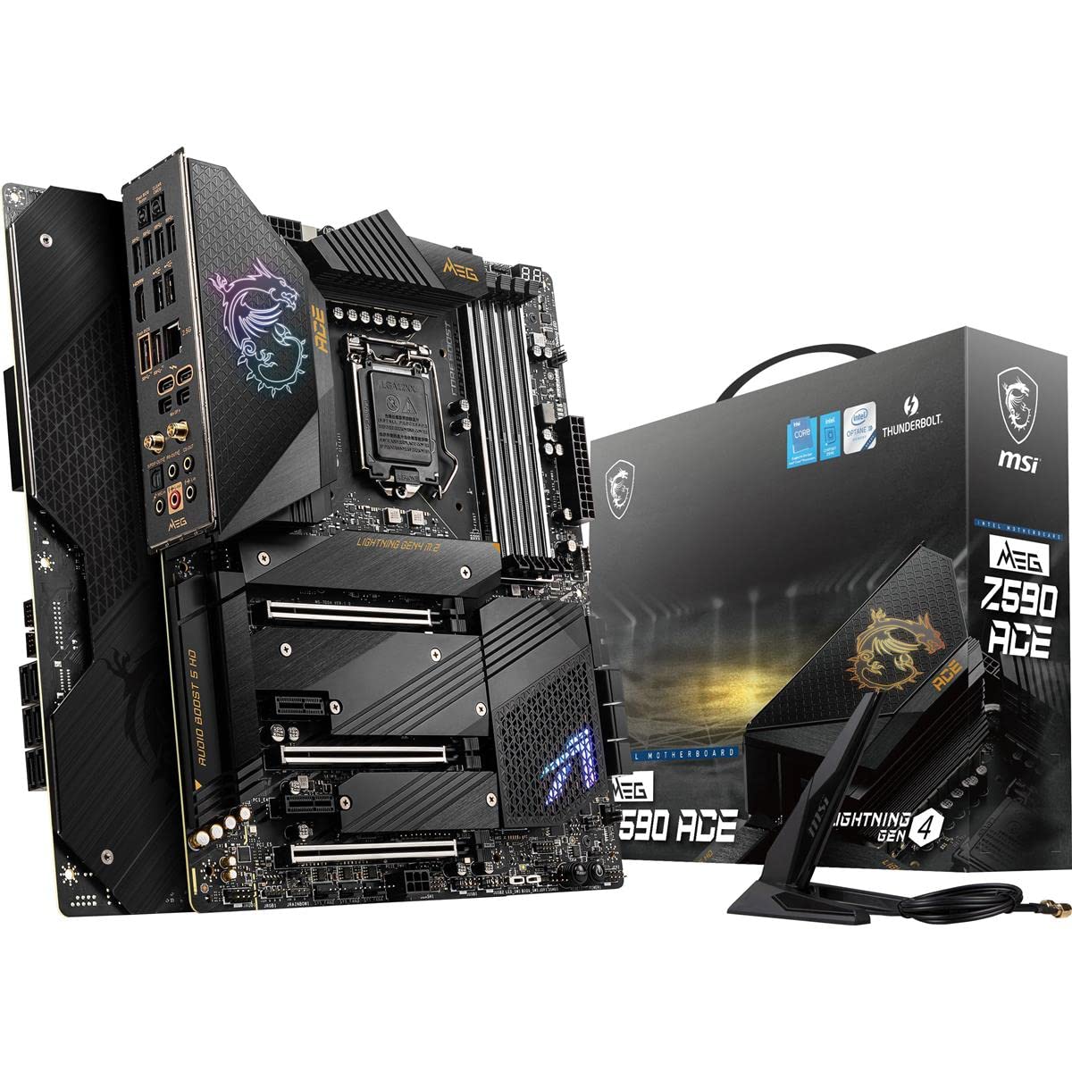 MSI MEG Z590 ACE Gaming Motherboard (ATX, 11th/10th Gen Intel Core, LGA 1200 Socket, SLI/CFX, DDR4, PCIe 4, M.2 Slots, USB 3.2 Gen 2, Wi-Fi 6E, Mystic Light RGB)