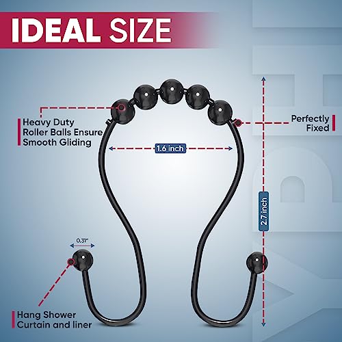 Black Shower Curtain Hooks Rust Proof (Set of 12) - Stainless Steel Black Shower Curtain Rings - Balance Sliding Roller Balls for Easy Glide & Install - Black Shower Hooks for Shower Curtain (Black)