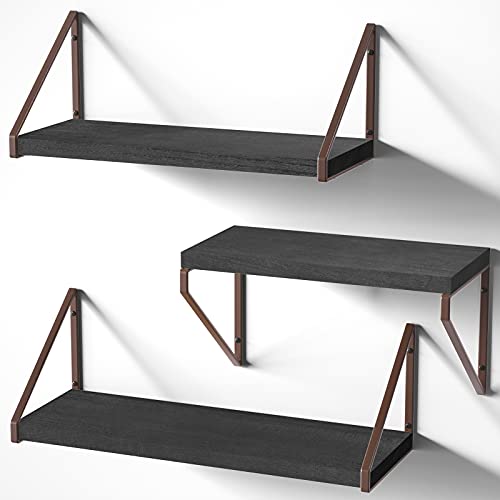 Love-KANKEI Floating Shelves Rustic Shelves Wall Mounted Set of 3 Wall Storage Shelves for Living Room, Bedroom, Kitchen Black/Brown Brackets