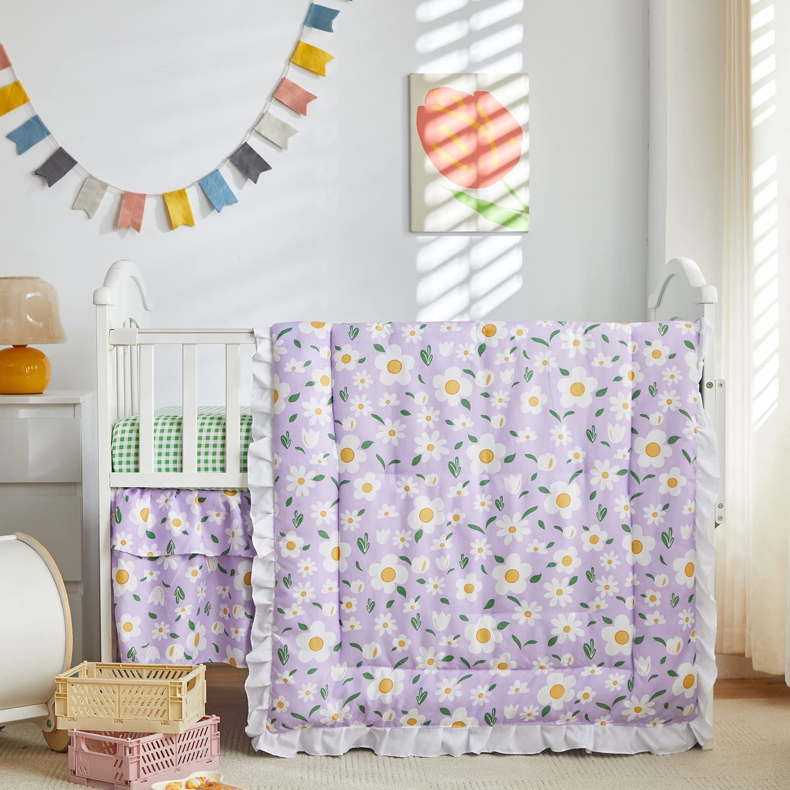 3 Pieces Crib Bedding Set Baby Ruffle Quilted Comforter with Fitted Sheet and Bed Skirt - Cute Ruffled Shabby Chic Baby Bedding Soft Blanket Design Purple with White Floral