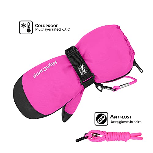 HIGHCAMP Kids Ski Mittens Waterproof Winter Snow Gloves with Zipper and String on Long Cuff for Toddler Boys Girls -Rosa,M (6-8 Y)