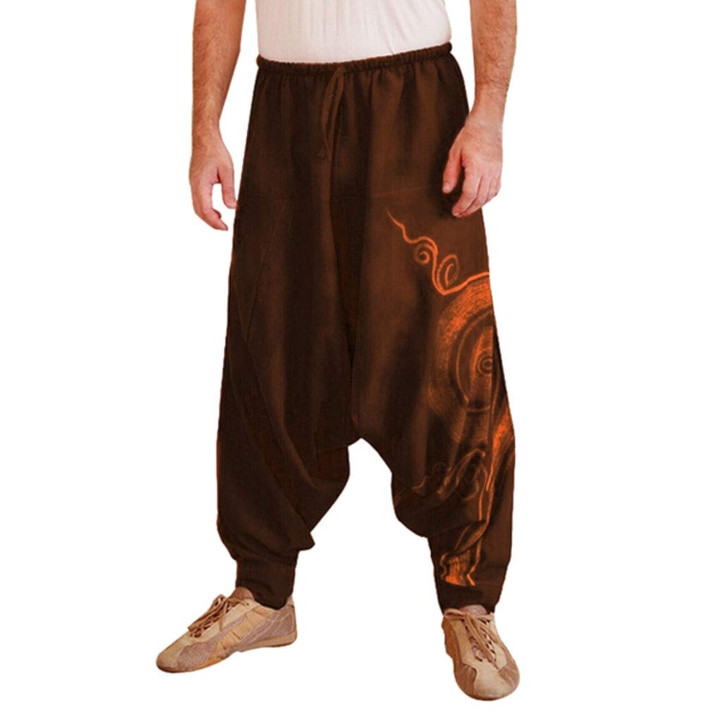 Mens Harem Pants, F_Gotal Mens Casual Elastic Waist Yoga Baggy Boho Harem Pants Drop Crotch Trouser with Pockets Brown