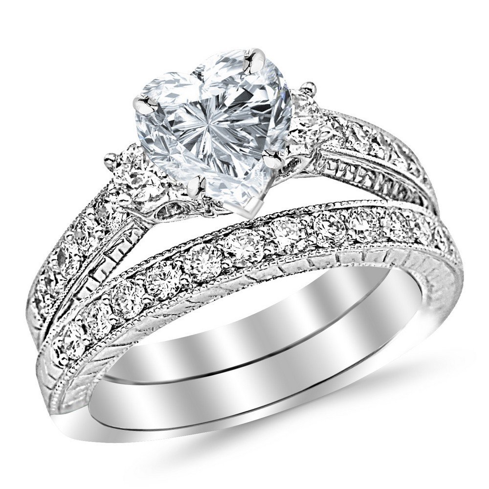 2 Ctw 14K White Gold Three Stone Vintage With Milgrain & Filigree Bridal Set with Wedding Band & GIA Certified Heart Shape Diamond Engagement Ring (1 Ct Center H-I Color SI1-SI2 Clarity)