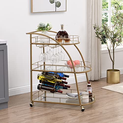 Angel Sar Gold Bar Cart on Wheels, 3 Tier Home Bar Serving Cart with 3 Glass Shelves, Wine Racks, Glass Holders, for Kitchen, Dining Room