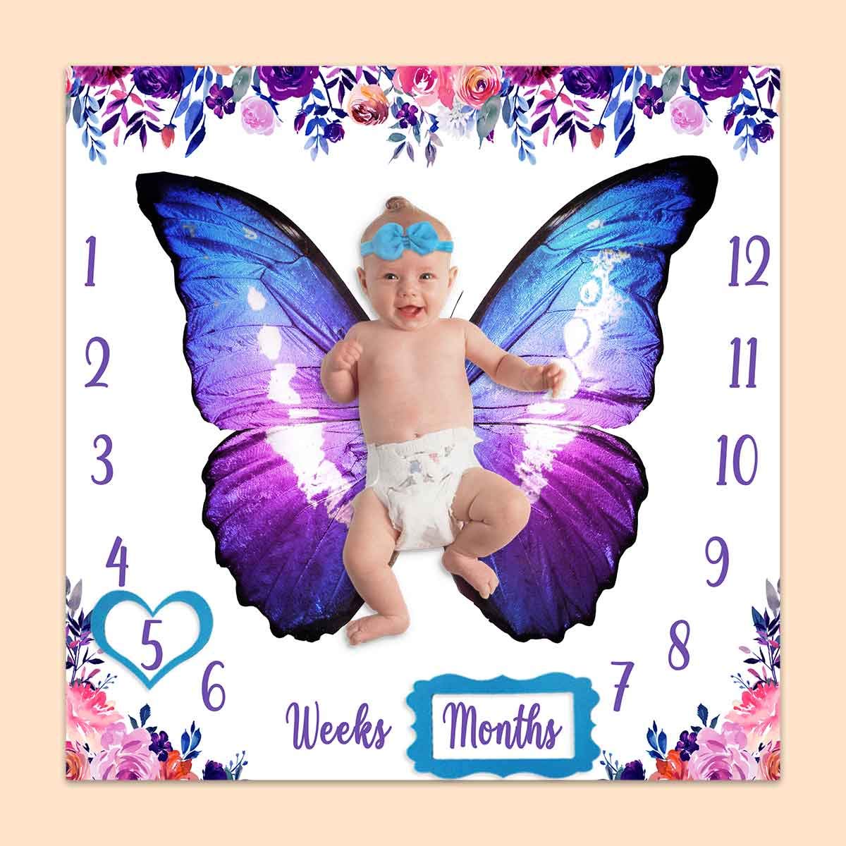 PHMOJEN Baby Monthly Milestone Blanket, Colorful Butterfly Wings Flowers Blanket for Nursery, Girl 1-12 Months, Includes 4 Frame and 1 Headband 40"x40" BTLSPH432