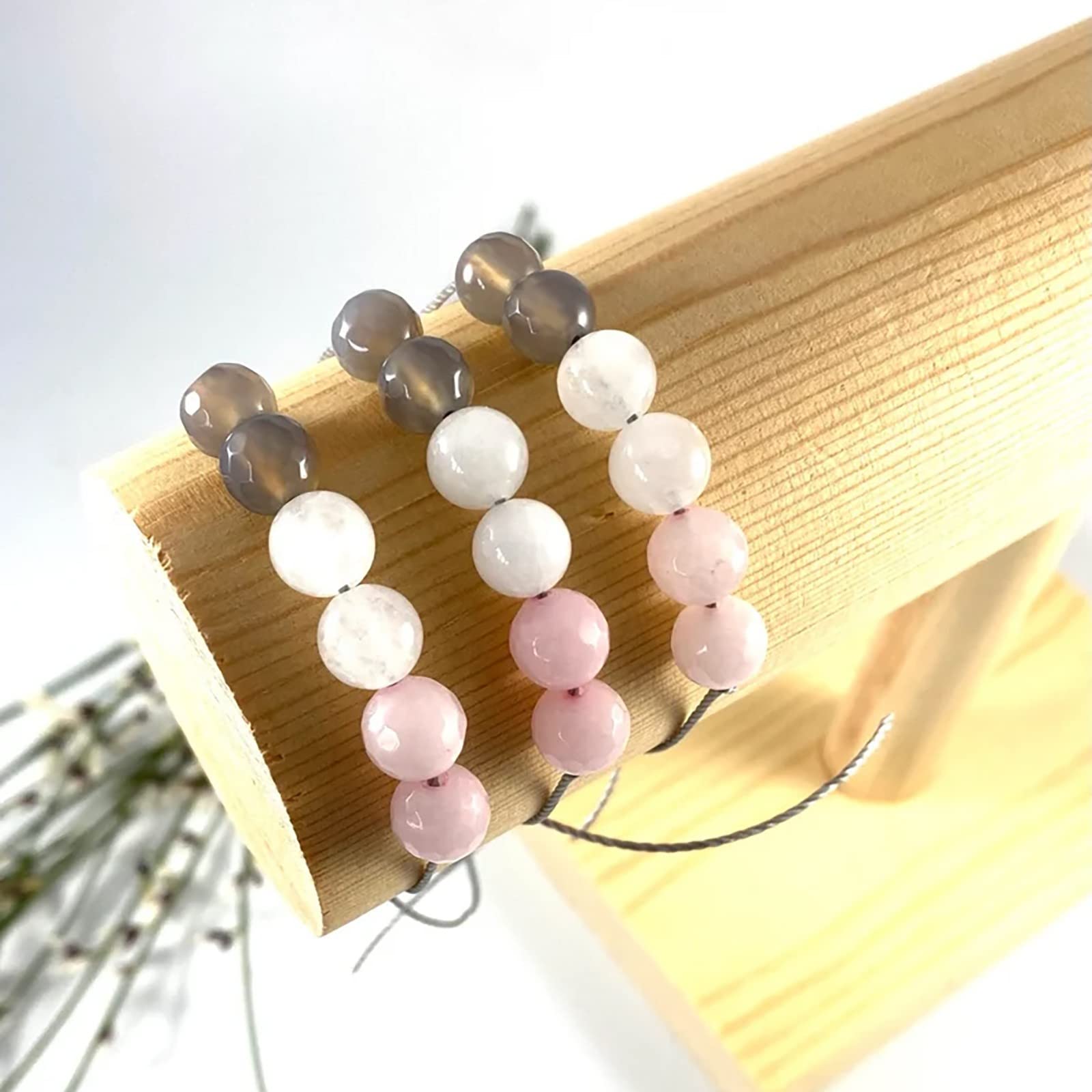 2023 Newtest Anxiety Stone Beaded Adjustable Bracelet with Card, Amethyst Flash Stone Combination Bracelet for Women Men (Pink, One Size)