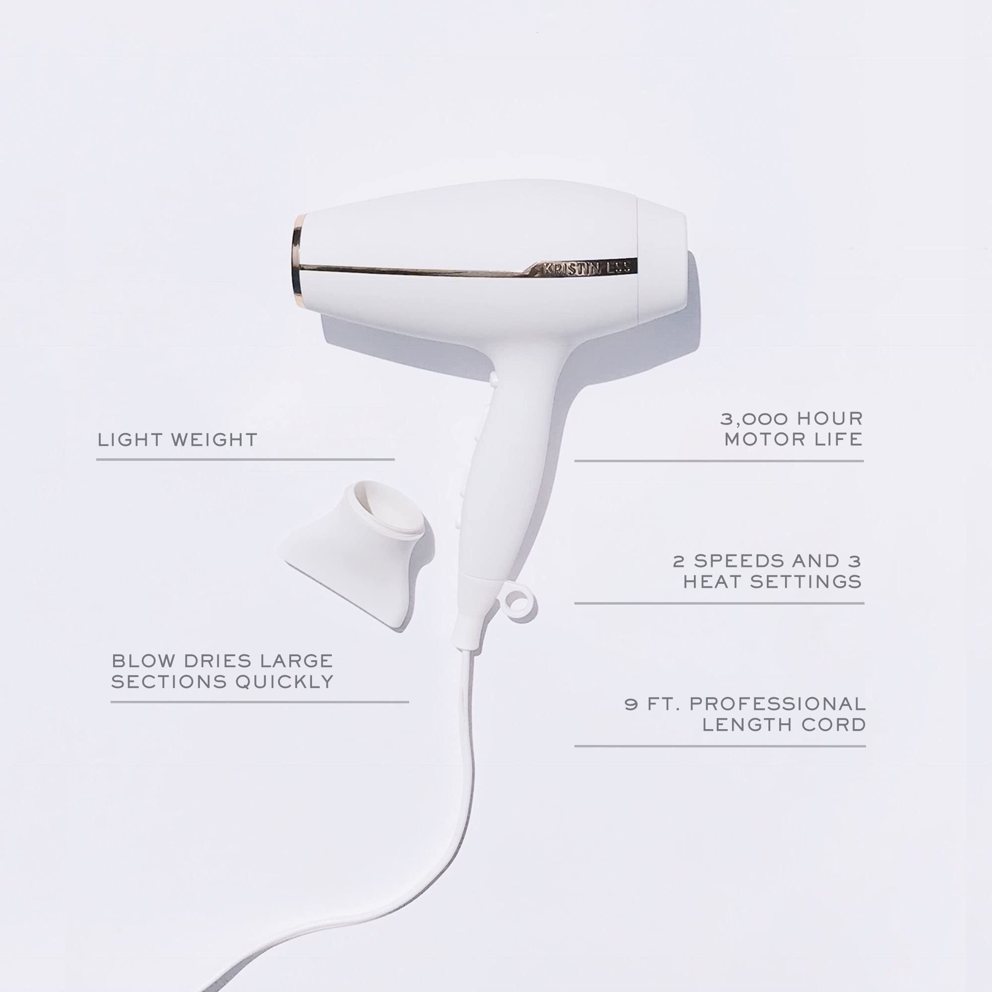 Kristin Ess Hair Iconic Professional Style Blow Dryer with Smoothing Nozzle + Diffuser - 1875W Dual Voltage Hair Dryer - Ionic Settings for Smoothing + Frizz Control - 2 Speeds + 3 Heat Settings