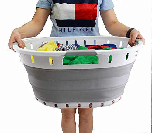 SAMMART 36L (9.5 Gallon) Collapsible 3 Handled Plastic Laundry Basket - Oval Basket - Foldable Storage Container/Organizer - Space Saving Laundry Hamper (White/Grey)