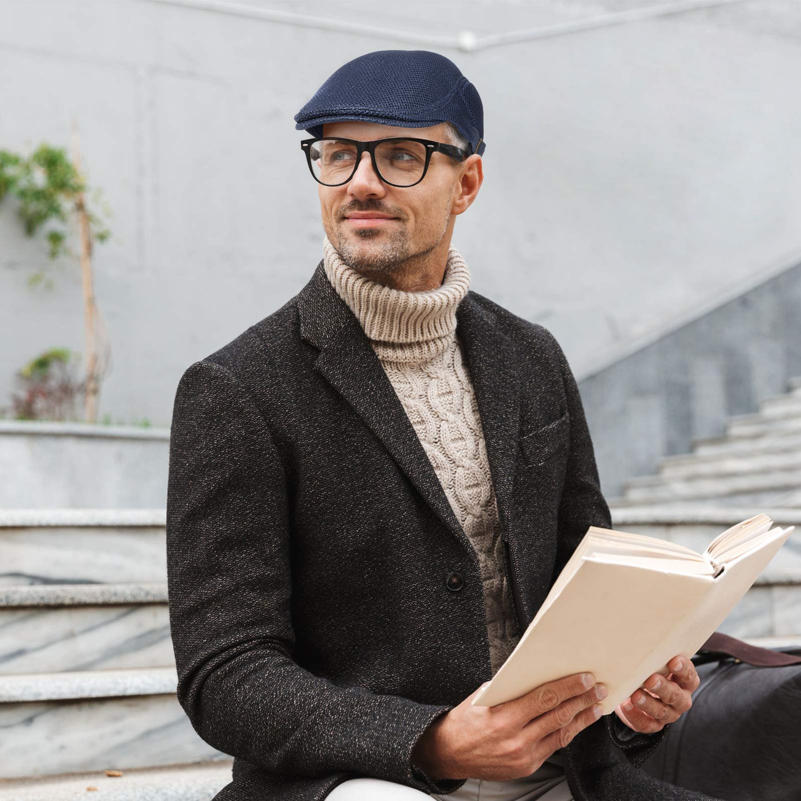 3 Pieces Newsboy Cap Mesh Breathable Summer Adjustable Cabbie Flat Beret (Light Gray, Navy Blue, Black)