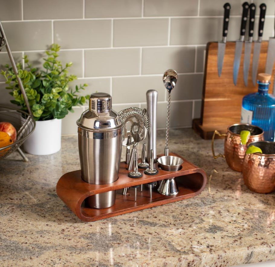 BIRDROCK HOME 10 Piece Bartender Kit with Wood Stand | Acacia | Professional Grade Stainless Steel Cocktail Set | Home Bar Tools | Gifts for Him | Shaker Bottle Opener