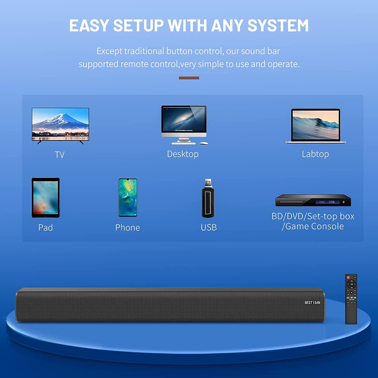 BESTISAN TV Sound Bar, 100Watts Soundbar for TV, Wireless Sound Bars with HDMI-ARC and Bluetooth/Optical/AUX/USB. TV Speakers for Home Theater/Gaming. (Remote Control,Wall Mountable)