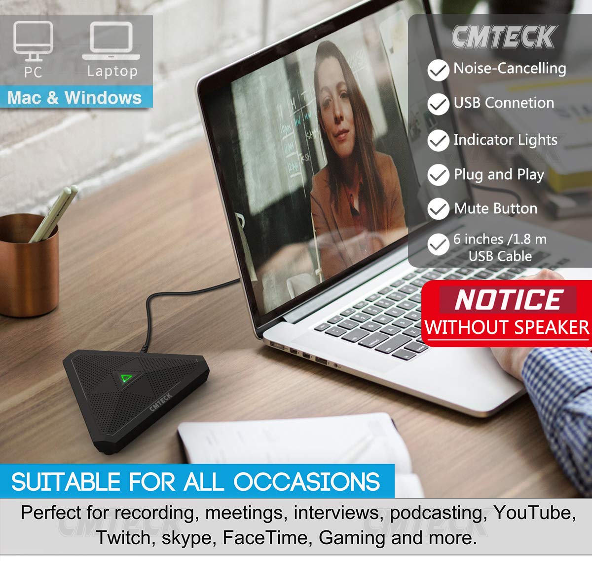 CMTECK Conference USB Microphone, Mute Button, Omnidirectional Condenser Boundary Mic for Recording, Streaming, Gaming, Skype (Windows/macOS)-Without Speaker