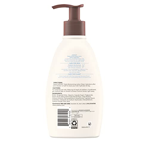 Aveeno Sheer Hydration Daily Moisturizing Fragrance-Free Lotion with Nourishing Prebiotic Oat, Fast-Absorbing Body Moisturizer for Dry Skin with Lightweight, Breathable Feel, 12 fl. oz