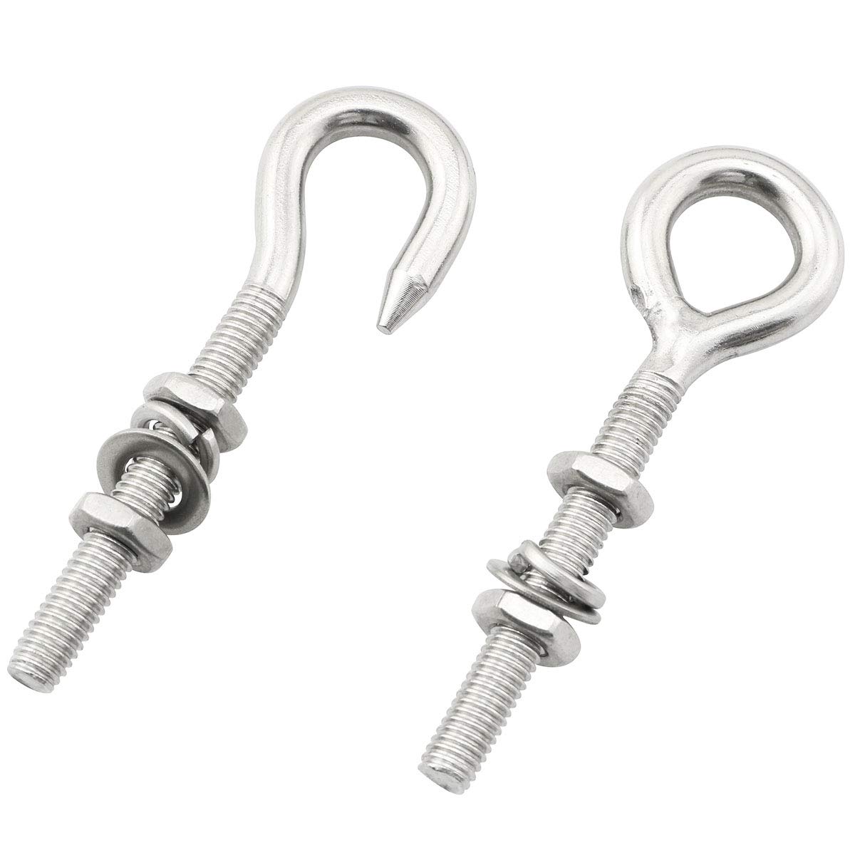 PSCCO 8pcs Stainless Steel Welded Closed Screw Ring Eye Bolts Hook Rod Eye Screw Bolts and Bolts Hook with Nuts and Washers
