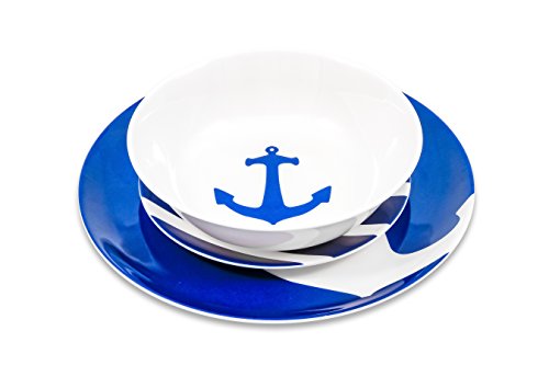 Camco Blue and White Nautical Design 12 Piece Dishware Set- Includes Marine Style Plates and Bowls | Perfect Boating, Sailing, Fishing, The Beach and More | Melamine Material -(41951)