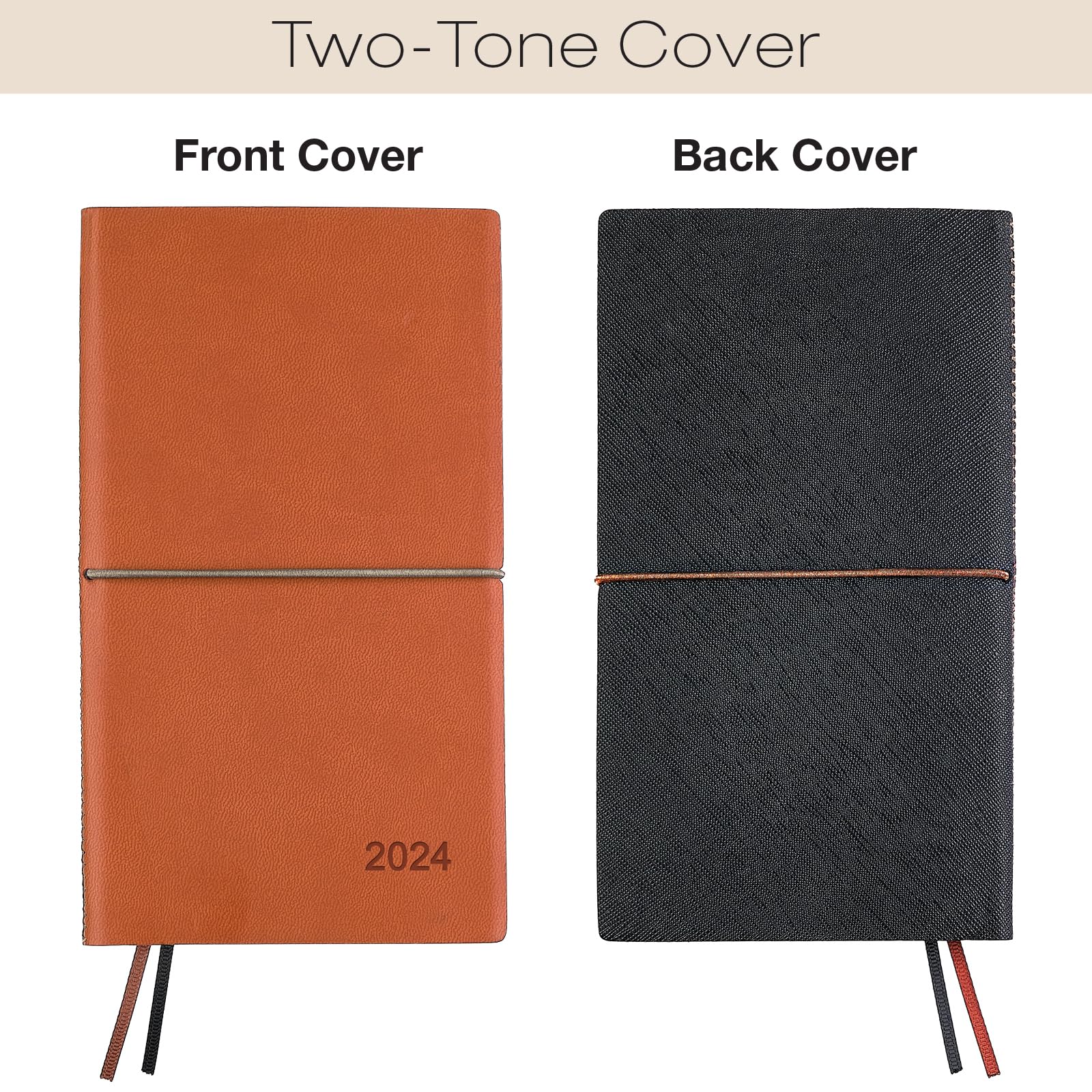 2024 Planner/Pocket Calendar 4"x7": 14 Months (Nov 2023 - Dec 2024) Weekly, Monthly Calendars, Leather Material, Elastic Closure, Decorative Stitching, Page Finder Ribbons and Notes Pages(Brown/Black)