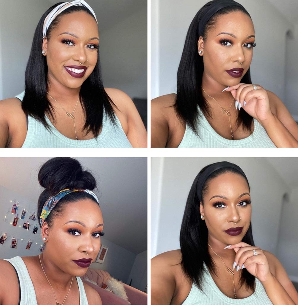 Headband Wig Straight Hair 100% Virgin Human Hair Wig for Black Women Glueless None Lace Front Wig Straight Machine Made Wig 150% Density Natural Color 14 Inch.