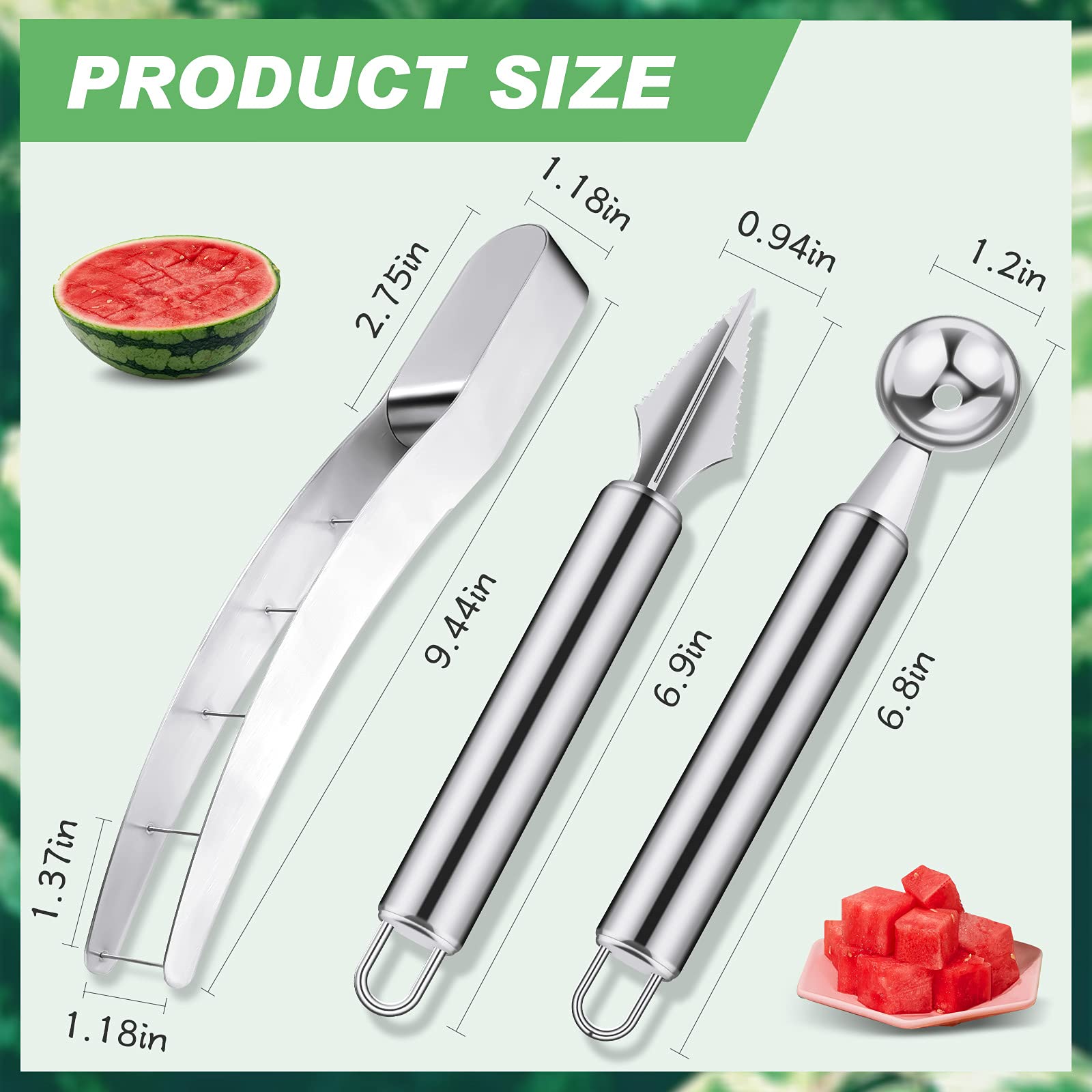 3 Pieces Watermelon Cutter Slicer Tools Stainless Steel Watermelon Cube Cutter Quickly Safe Watermelon Knife Fruit Digging Spoon Fruit Carving Tools for Kitchen Gadget
