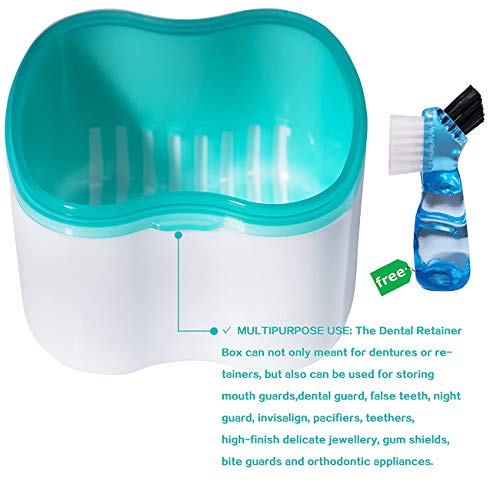Denture Brush Retainer Case, Denture Case,Denture Cups Bath,Dentures Container with Basket Denture Holder for Travel,Mouth Guard Night Gum Retainer Container (Green)