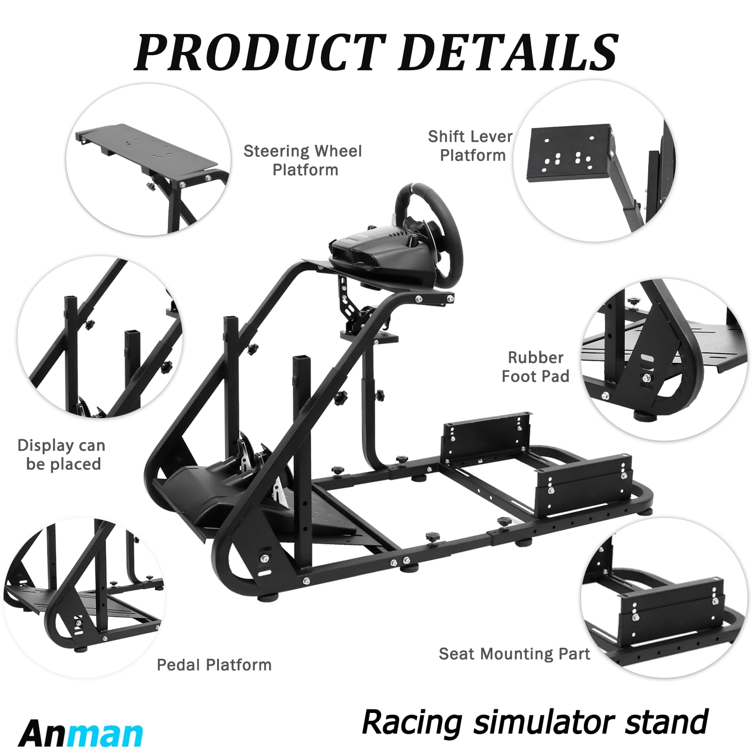 Anman PRO Racing Simulator Cockpit Adjustable Racing Wheel Stand fit for Logitech G25/G27/G29/G920/G923,Fanatec,Thrustmaster T500RS, Wheel Shifter Pedals Seat NOT Included