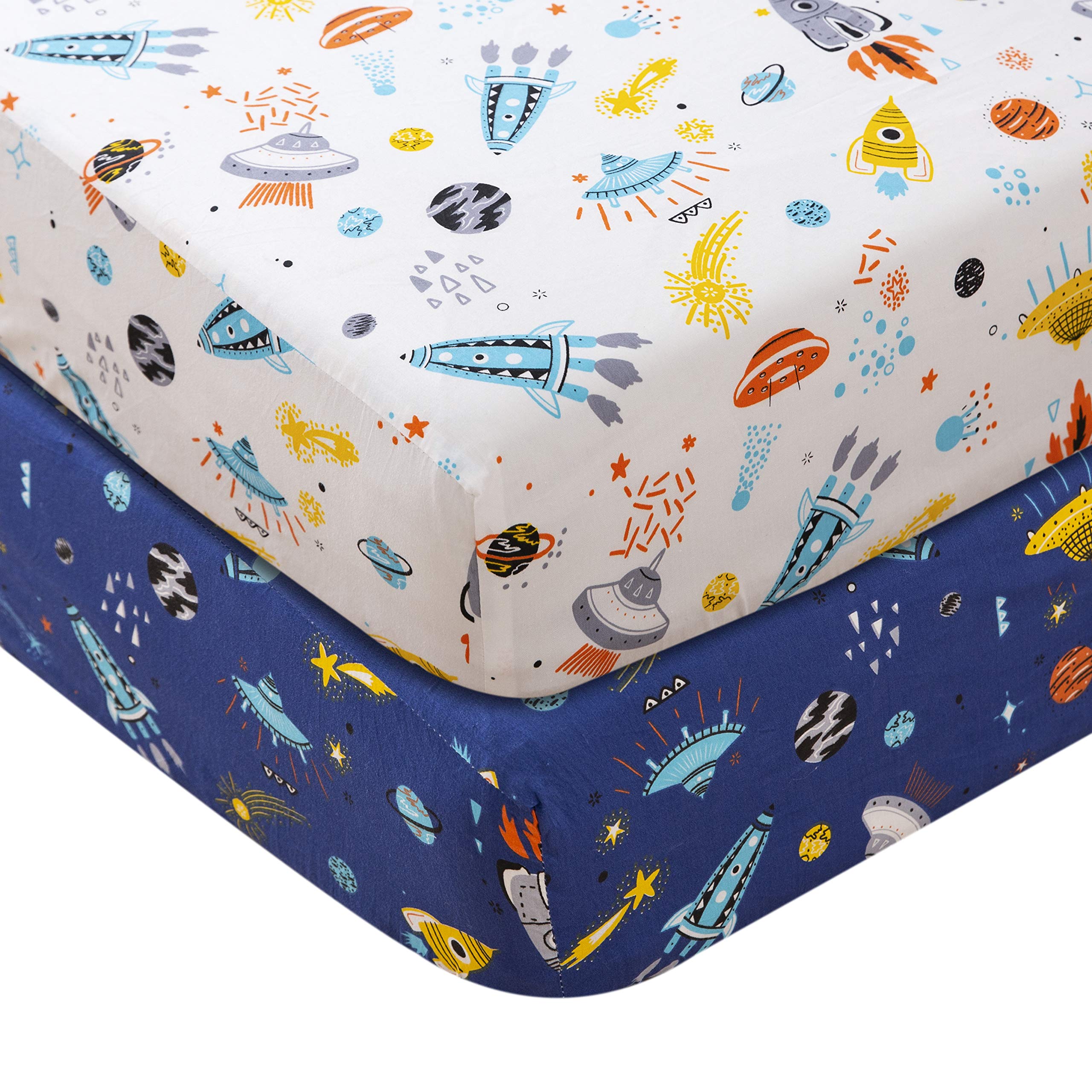 Brandream Baby Boys Crib Sheet Sets Outer Space, Rocket & Planet Fitted Crib Sheets,2 Pack Navy/White Baby Infant Newborn Crib Mattress Sheet 100% Cotton,Galaxy Theme