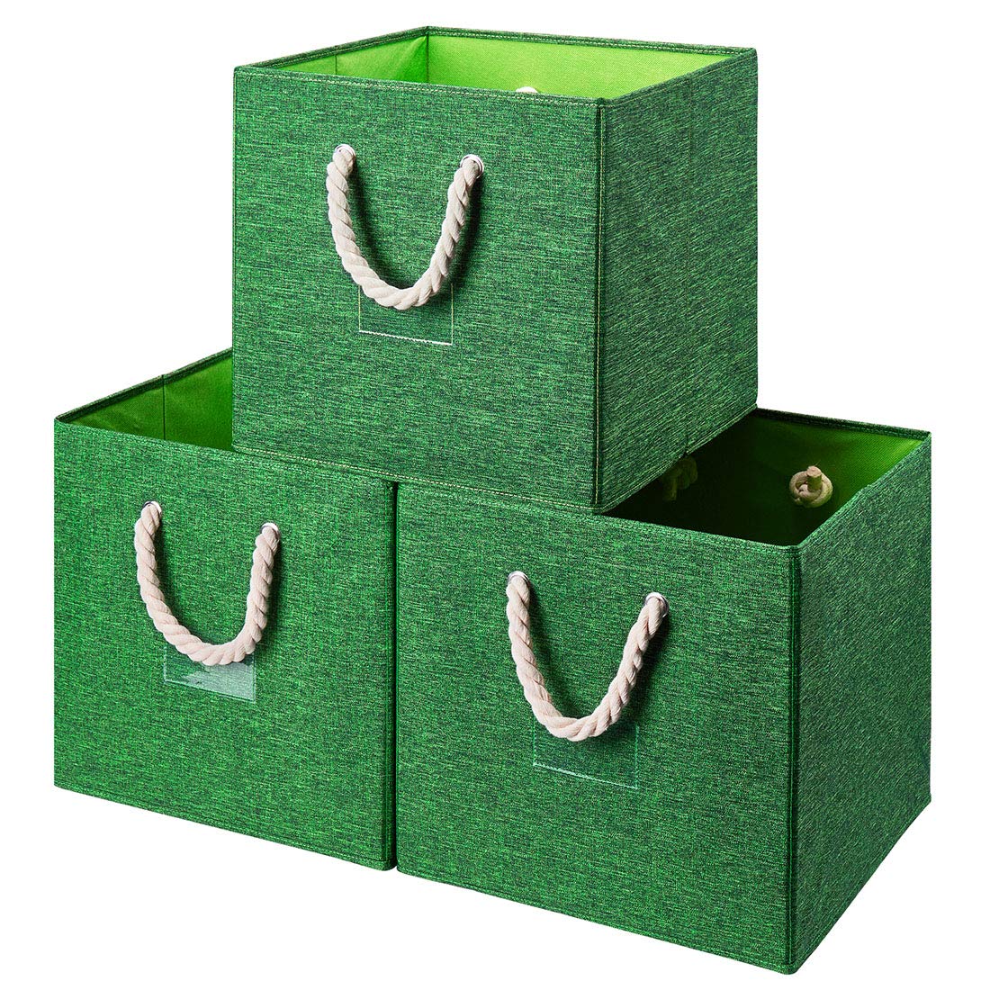i BKGOO Foldable Storage Cube Bins,Green Linen Fabric Collapsible Resistant Basket Box Organizer with Cotton Rope Handle for Home Office and Nursery 13x13x13 inch