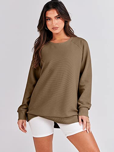 ANRABESS Women's Fall Casual Soft Long Sleeves Sweatshirts Pullover Tunic Tops Split Blouse with Side Zipper Teen Girls Trendy 2023 A1073-kaqi-L Khaki