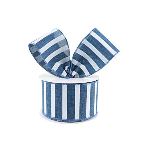 DINDOSAL Denim Blue Burlap Ribbon Wired Horizontal Stripe Wired Edge Ribbon Denim Ribbon for Gift Wrapping, Wreath Supplies, DIY Crafts, Topper Bows, Farmhouse Decorations, 2.5" x 10 Yards x 1 Roll