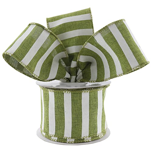 DINDOSAL Sage Green Wired Ribbon 2.5" Horizontal White Stripe Wired Edge Burlap Ribbon Farmhouse Wire Ribbon for Wreaths Crafts Supplies Gift Wrapping Bows Making Spring Decorations - 10 Yards