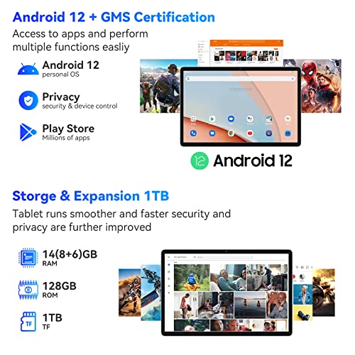 Blackview 2023 New Tab 12 Pro Android 12 Tablets 10" inch Tablet 14 (8+6 Expand) GB RAM + 128 GB ROM 1TB Expand Tablet PC, 1920 * 1200 FHD+IPS, Octa-core,2.4G/5G WiFi, Bluetooth 5.0 GPS Blue